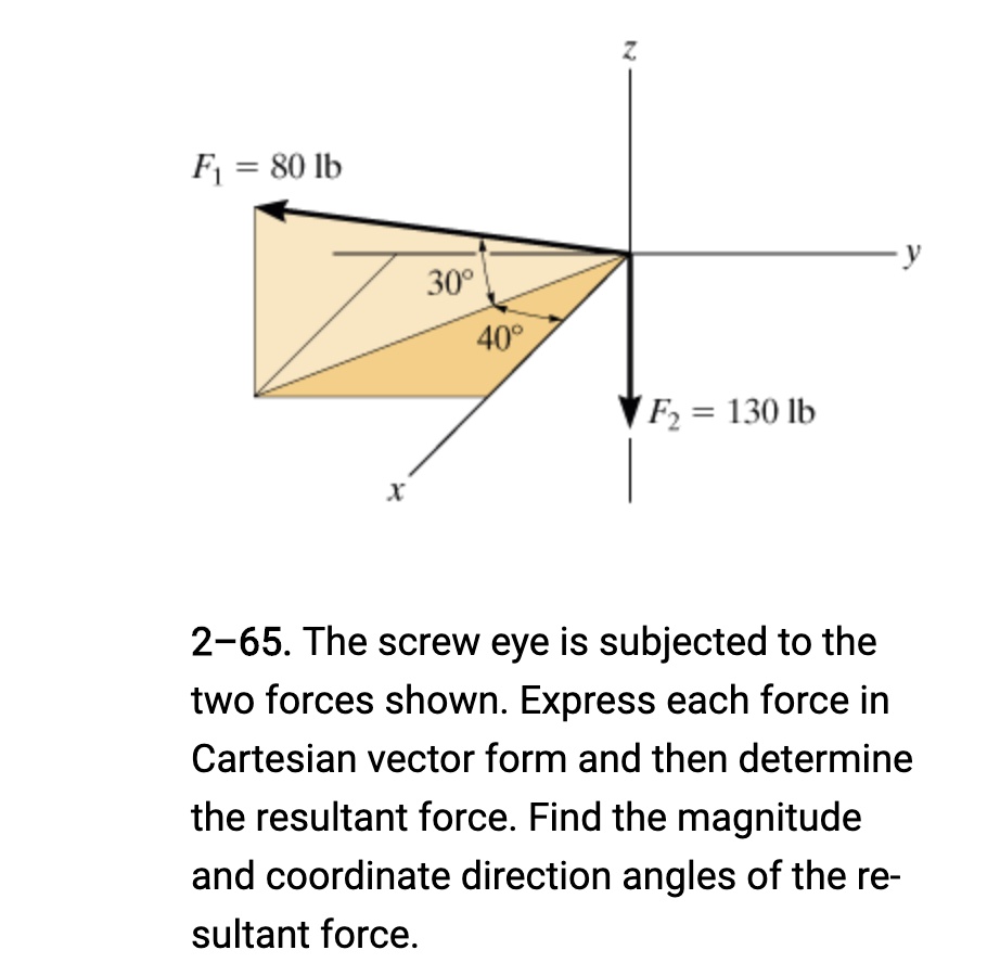 SOLVED: Fi = 80 Ib V 30" 408 Fz = 130 Ib 2-65. The screw eye is subjected to the two forces ...
