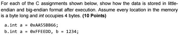 Solved For Each Of The C Assignments Shown Below Show How The Data Is Stored In Little Endian