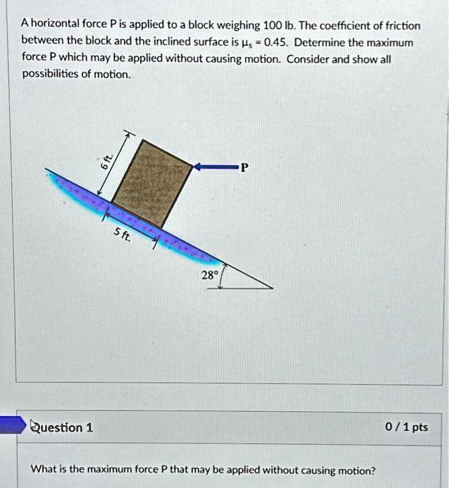 SOLVED: solve step by step please A horizontal force P is applied to a block weighing 100 lb.The ...