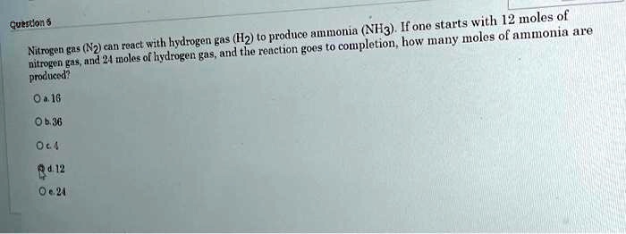 SOLVED: Questions: Nitrogen gas (N2) can react with hydrogen gas (H2) to produce ammonia (NH3 ...