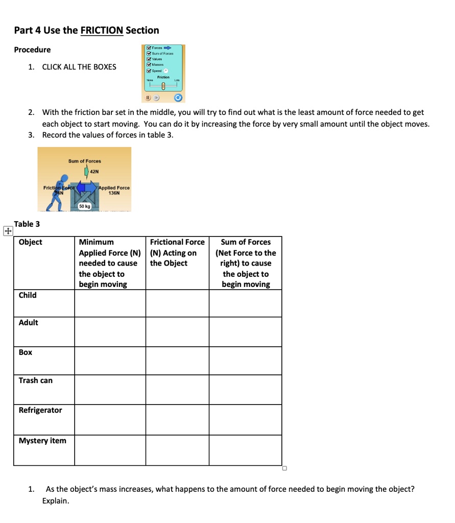 Part 4 Use the FRICTION Section Procedure 1. CLICK ALL THE BOXES 2. With the friction bar set in ...