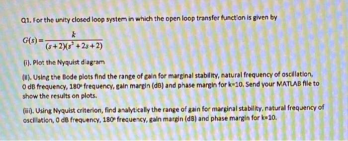 Solved For The Unity Closed Loop System In Which The Open Loop Transfer Function Is Given By G