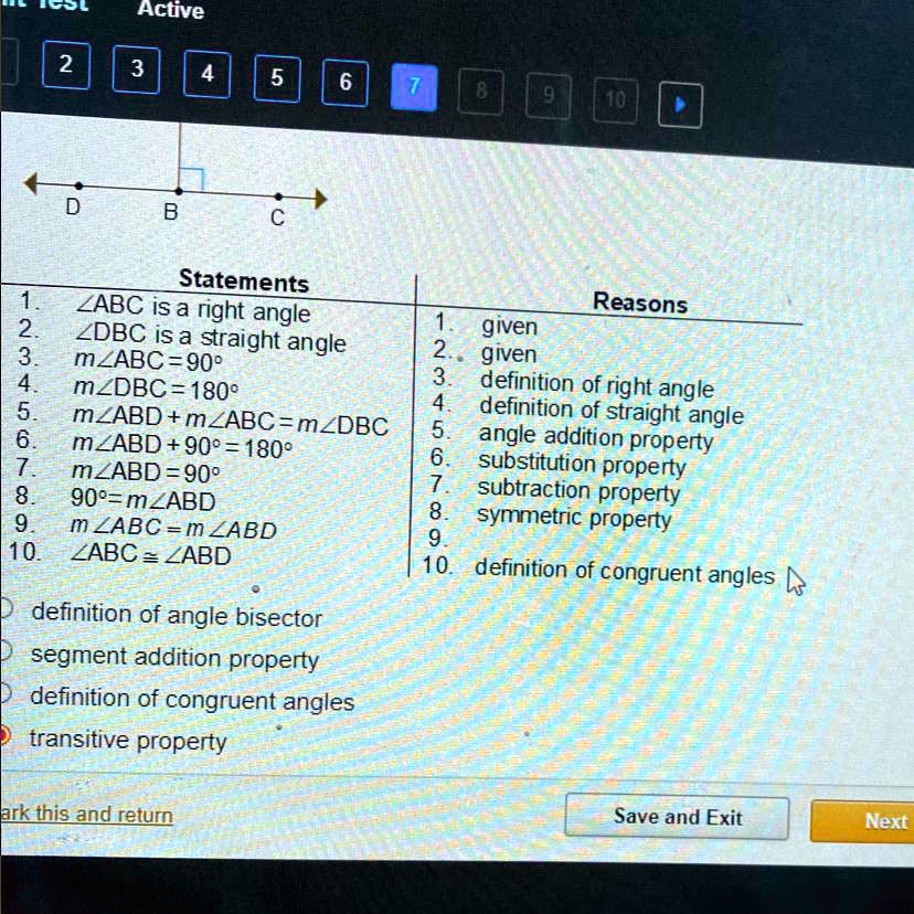 Active 2 3 4 5 6 7 8 9 10 DB C 1. 2. 3. 4. 5. Statements ∠ABC is a right angle ∠DBC is a ...