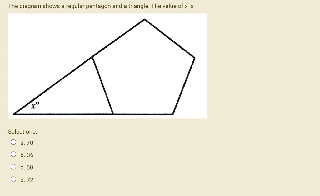 SOLVED: The diagram shows a regular pentagon and a triangle. The value ...
