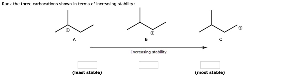 rank the three carbocations shown in terms of increasing stability ...