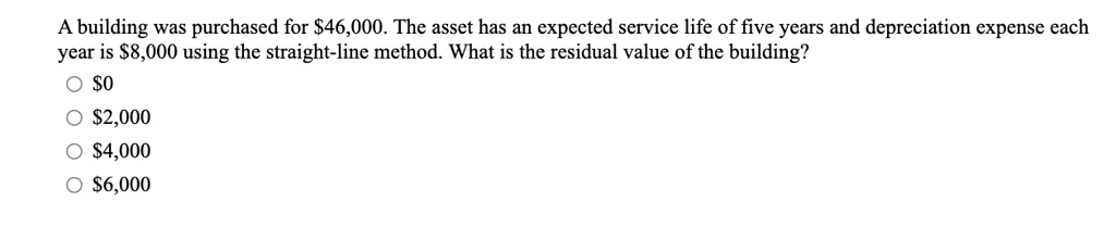 SOLVED: A building was purchased for 46,000. The asset has an expected ...