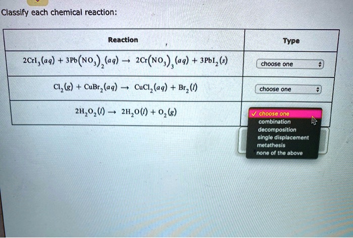 Classify each chemical reaction: Reaction 2CrI3(aq) + 3Pb(NO3)2(aq) → ...