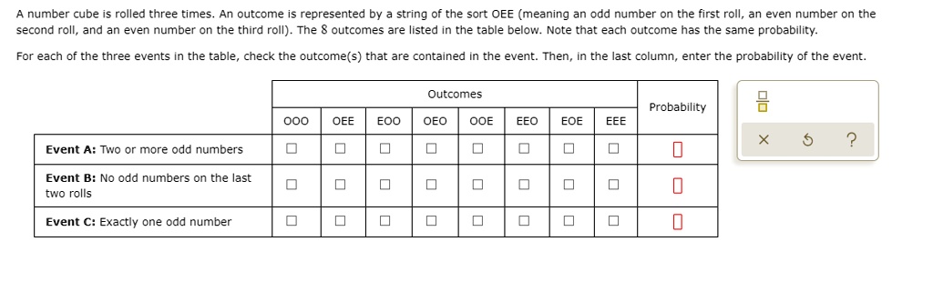SOLVED: Number cube is rolled three times. An outcome represented by a string of the sort OEE ...