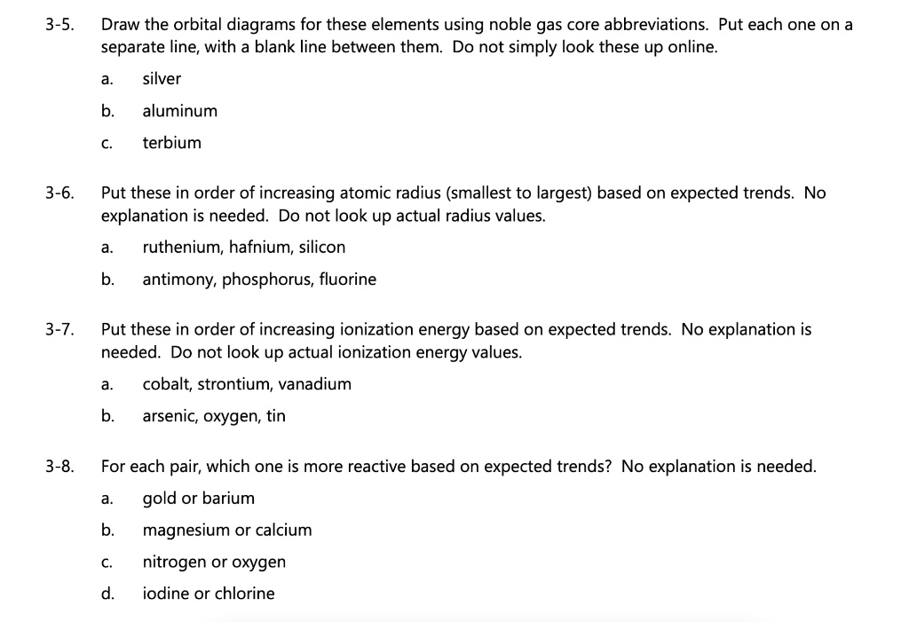 SOLVED: Draw the orbital diagrams for these elements using noble gas core abbreviations. Put ...