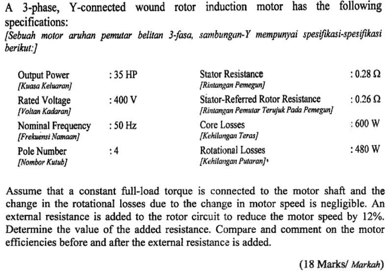 SOLVED: 3-phase, Y-connected wound rotor induction motor has the ...