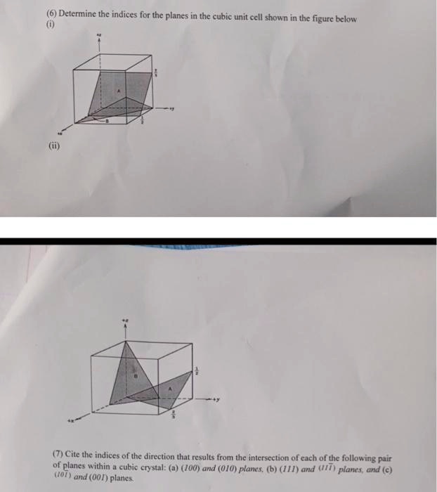 (6) Determine the indices for the planes in the cubic unit cell shown in the figure below (i ...