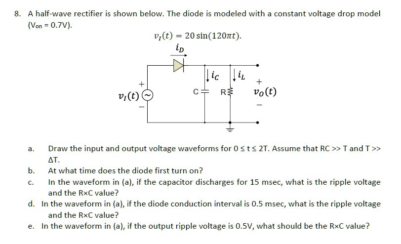 SOLVED: 8. A half-wave rectifier is shown below. The diode is modeled ...