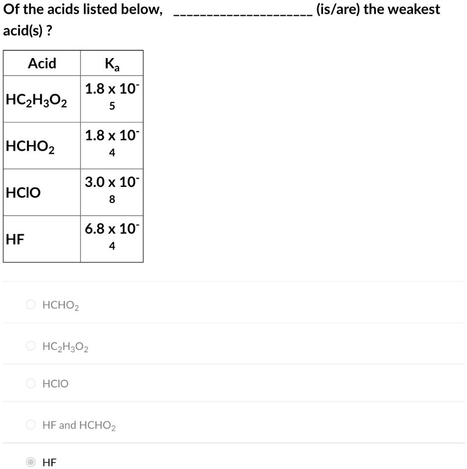 SOLVED: Of the acids listed below, acid(s) ? (is/are) the weakest Acid ...