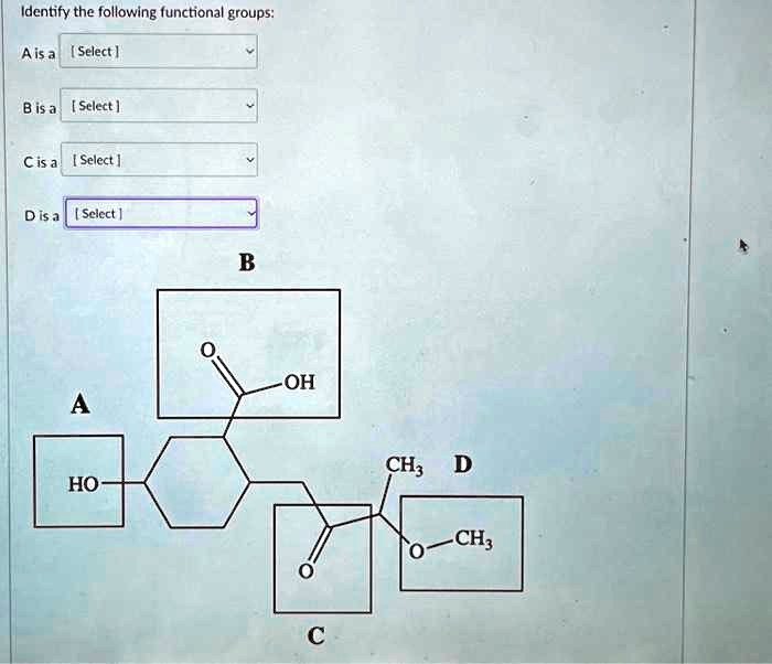 SOLVED: Texts: Identify the following functional groups: A is a [Select] B is a [Select] C is a ...