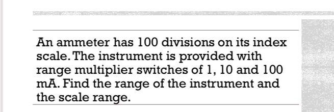 An ammeter has 100 divisions on its index scale. The instrument is ...