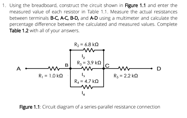1. Using the breadboard, construct the circuit shown in Figure 1.1 and enter the measured value ...