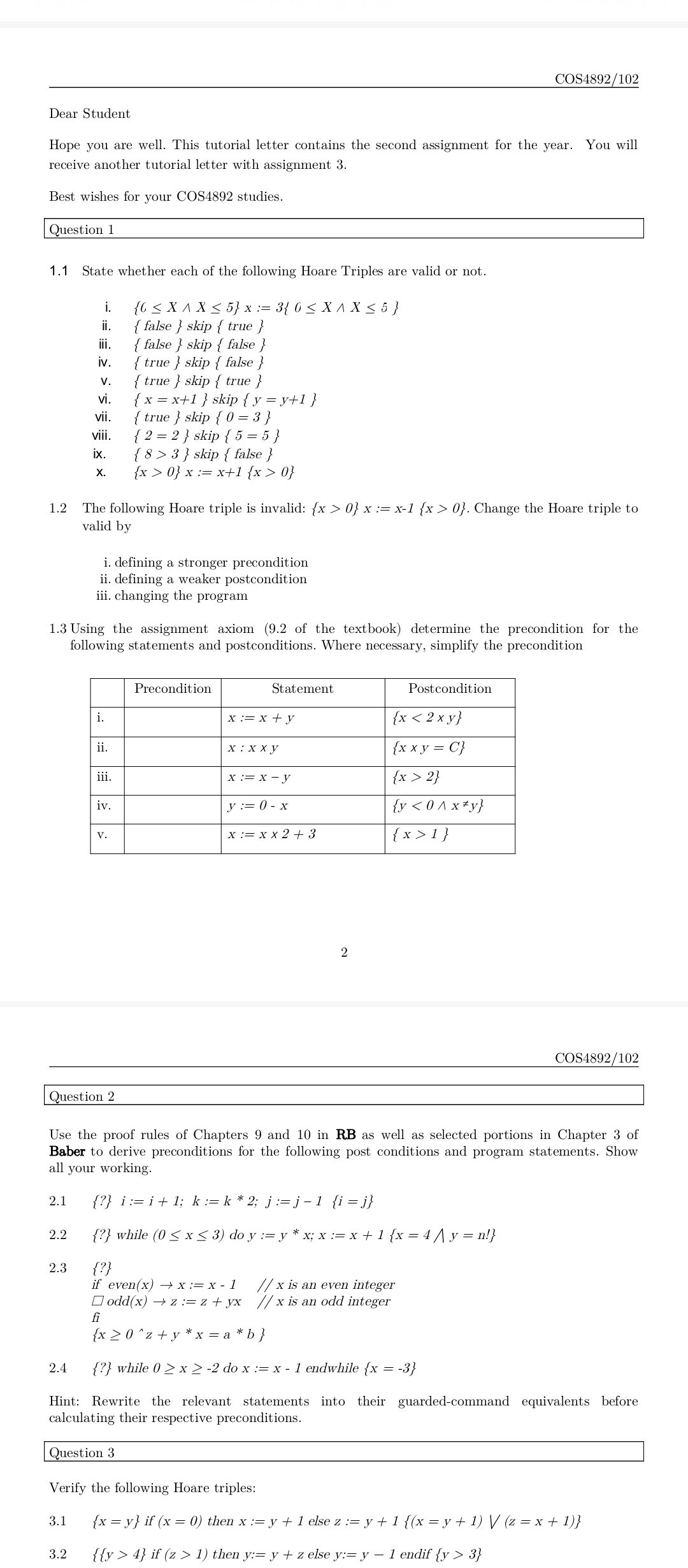 COS4892/102 Dear Student Hope you are well. This tutorial letter contains the second assignment ...