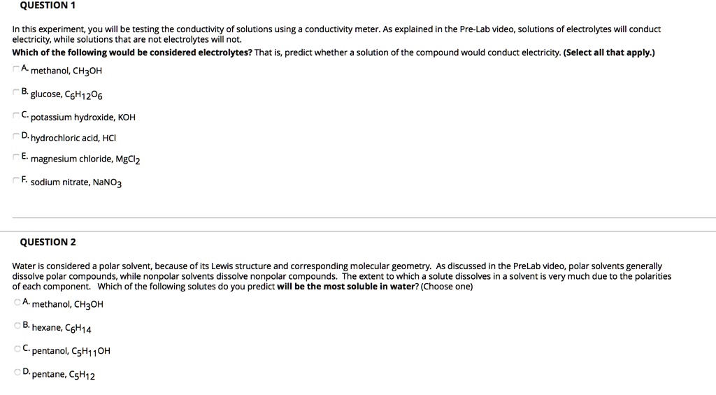 In this experiment, you will be testing the conductivity of solutions ...