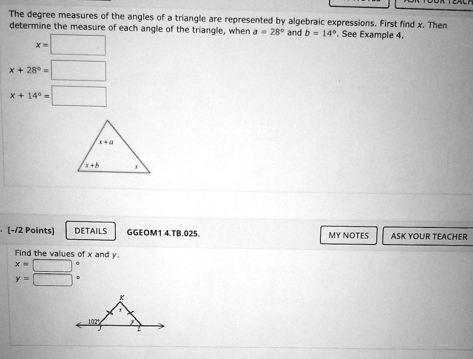 The degree measures of the angles of a triangle are represented by ...