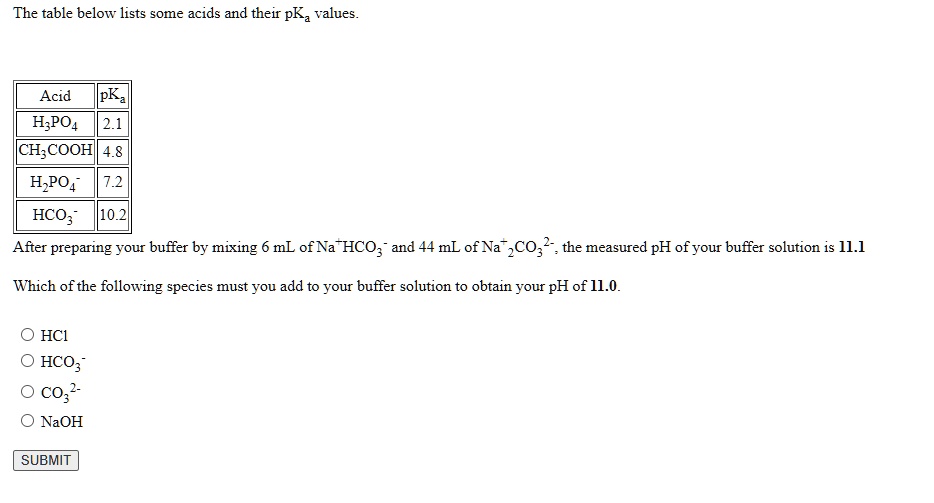 the table below lists some acids and their pka values acid hzpo4 21 chcooh 48 hpo4 72 hco after ...
