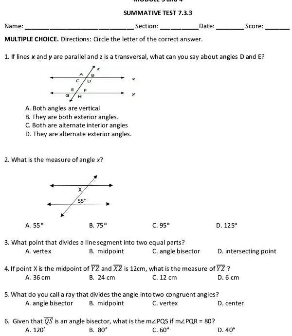 SUMMATIVE TEST 7.3.3 Name: Section: Date: Score: MULTIPLE CHOICE ...