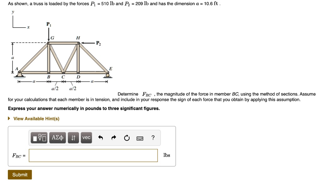 As shown, a truss is loaded by the forces P1 = 510 lb and P2 = 209 lb ...