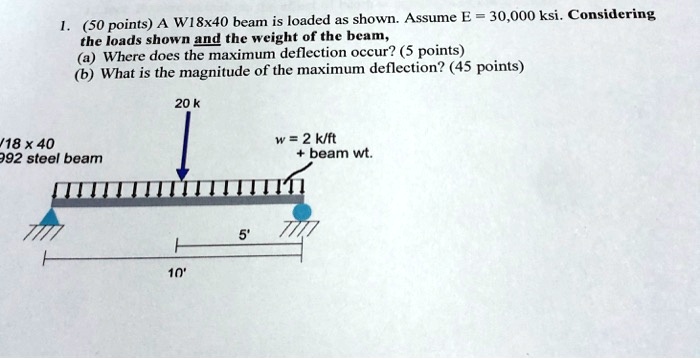 1. (50 points) A W18x40 beam is loaded as shown. Assume E = 30,000 ksi. Considering the loads ...