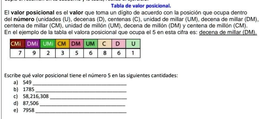Escribe qué valor posicional tiene el número 5 en las siguientes ...