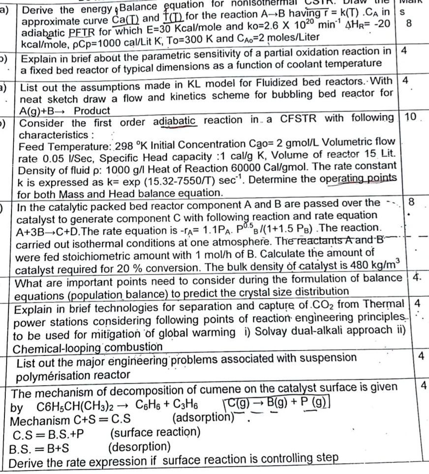 SOLVED: S = 8 kcal/mole, pCp = 1000 cal/Lit K, To = 300 K, and CAo = 2 ...