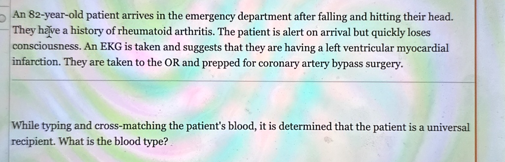 an 82 year old patient arrives in the emergency department after ...