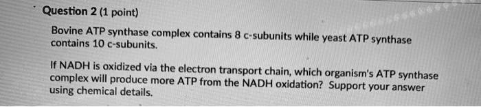SOLVED:Question 2 (1 point) Bovine ATP synthase complex contains 8 â‚¬-subunits while yeast ATP ...