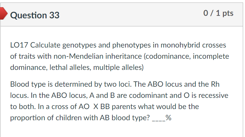 Question 33 0 / 1 pts LO17 Calculate genotypes and phenotypes in ...