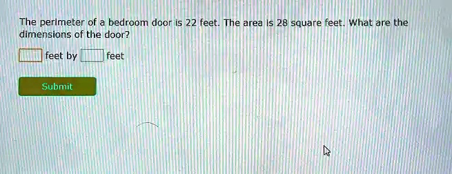 SOLVED: The perimeter of bedroom door is 22 feet: The area Is 28 square ...