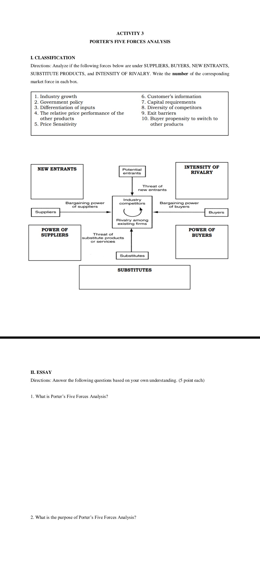 ACTIVITY 3 PORTER'S FIVE FORCES ANALYSIS I. CLASSIFICATION Directions ...