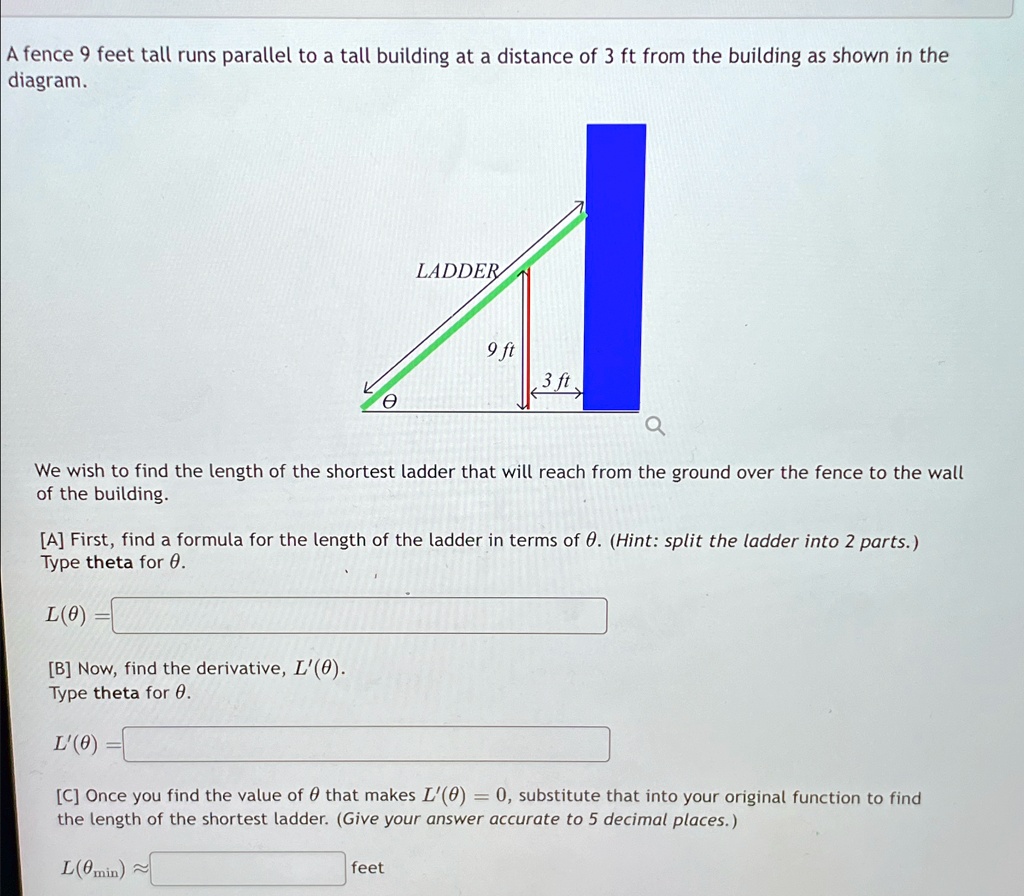 a fence 9 feet tall runs parallel to a tall building at a distance of ...