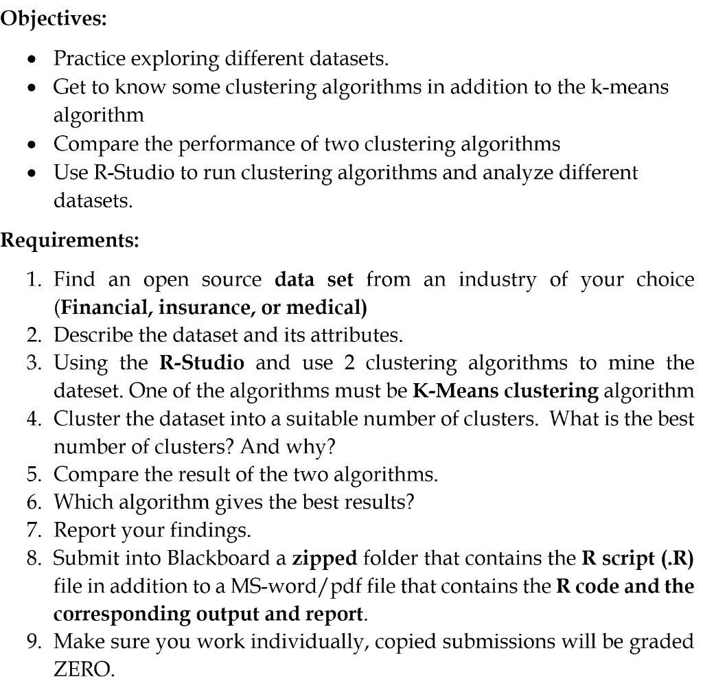 Objectives: • Practice exploring different datasets. • Get to know some clustering algorithms in ...