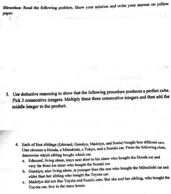 SOLVED: solution and write your answer on ycllow Direction: Read the following problem. Show ...