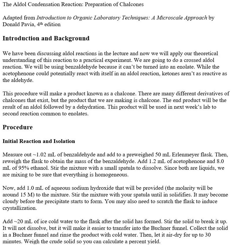 SOLVED: The Aldol Condensation Reaction: Preparation of Chalcones Adapted from Introduction to ...