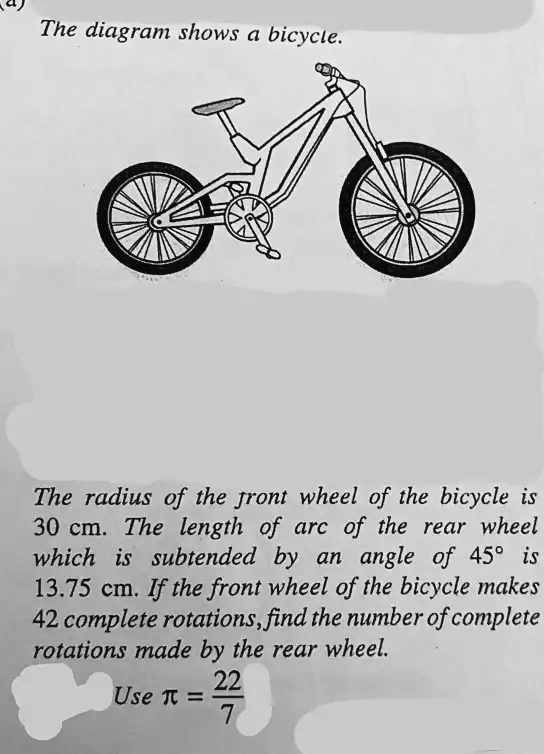 The diagram shows a bicycle. The radius of the front wheel of the ...