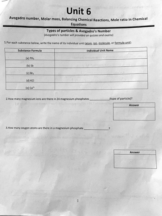 unit 6 avogadro number molar mass balancing chemical reactions mole ...
