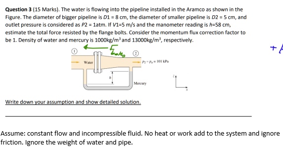 SOLVED: Question 3 (15 Marks): Water Flow and Force Calculation in a ...