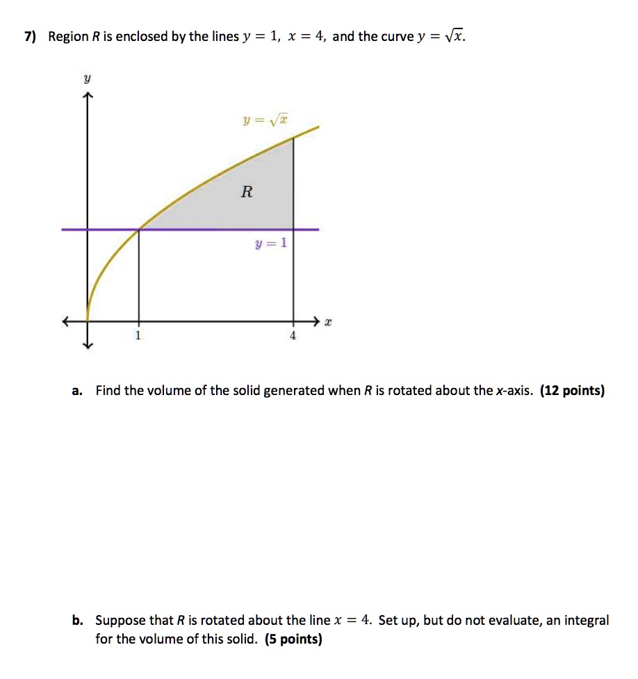 7 region r is enclosed by the lines y 1 x 4 and the curve y vx y vz r find the volume of the ...