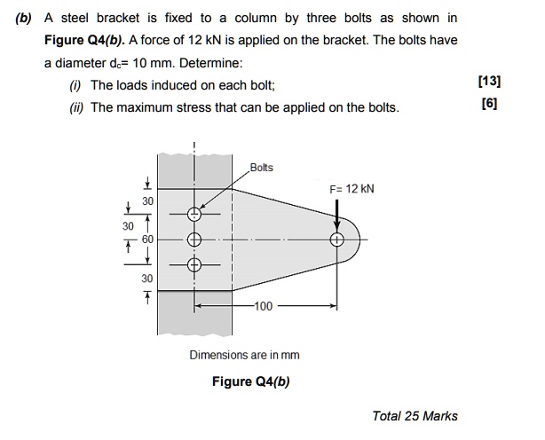 (b) A steel bracket is fixed to a column by three bolts as shown in ...