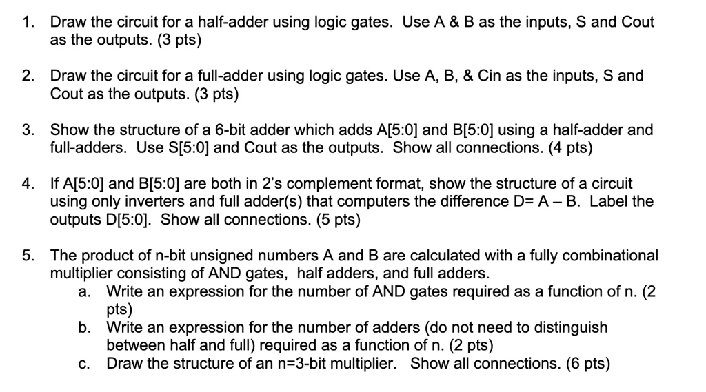 Draw the circuit for a half-adder using logic gates. Use A B as the ...