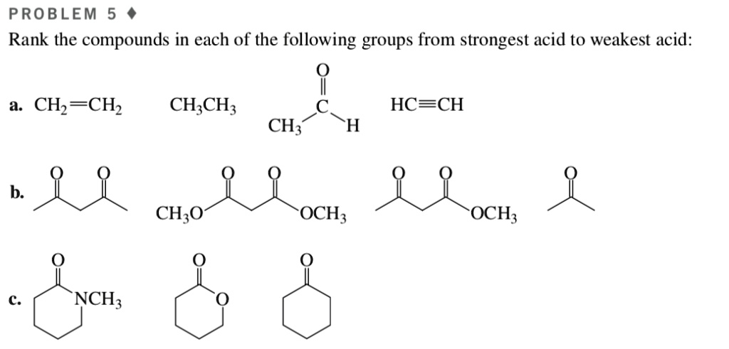 SOLVED: PROBLEM 5 Rank the compounds in each of the following groups from strongest acid to ...