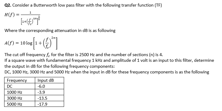 SOLVED: Q2. Consider Butterworth low pass filter with the following ...
