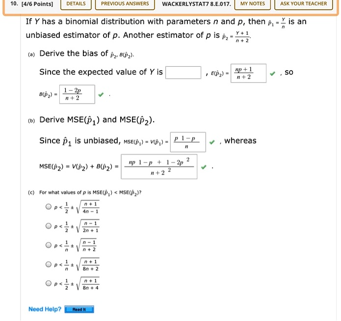 SOLVED: If Y has a binomial distribution with parameters n and P, then pÌ‚ is an unbiased ...