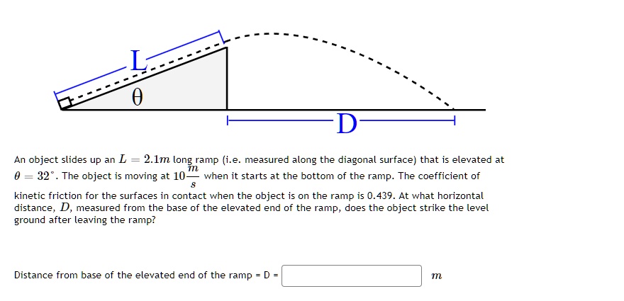 L ? D An object slides up an L = 2.1m long ramp (i.e. measured along ...