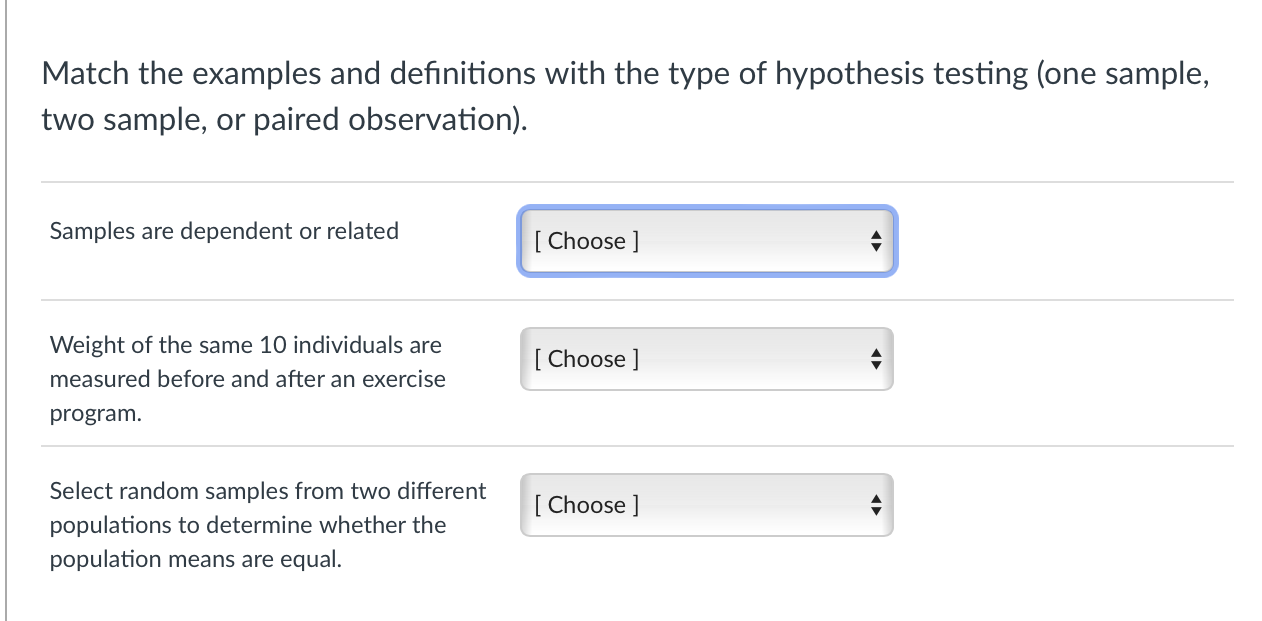 Match the examples and definitions with the type of hypothesis testing ...