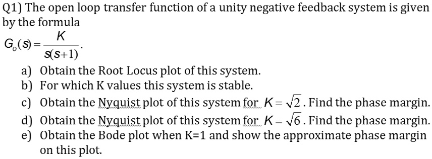 SOLVED: Q1) The open loop transfer function of a unity negative feedback system is given by the ...